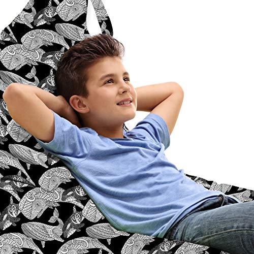 Lunarable Whale Lounger Chair Bag, Pattern with Flourish Ornamental Mammal Fishes on Dark, High Capacity Storage with Handle Container, Lounger Size, Charcoal Grey White