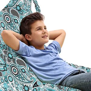 lunarable blue paisley lounger chair bag, repeating themed traditional symbols flowers illustration, high capacity storage with handle container, lounger size, dark brown and sea blue