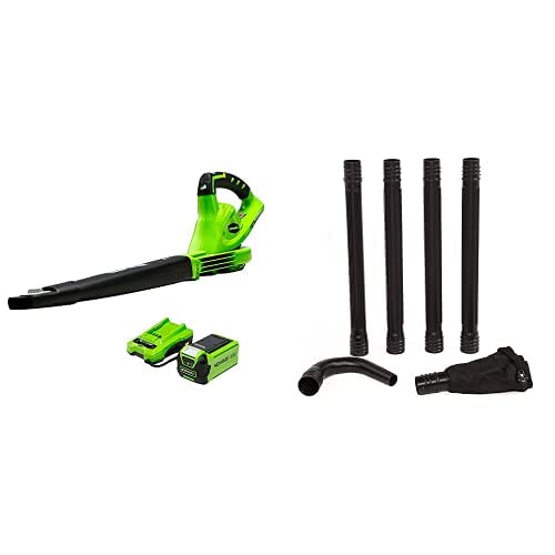 Greenworks 40V (150 MPH) Cordless Leaf Blower, 2.0Ah Battery and Charger Included 24252 with Gutter Cleaning Kit