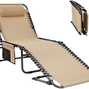 KingCamp 5-Position Folding Chaise Lounge Chair for Outside, Sunbathing, Tanning, Patio, Pool, Lawn, Deck, Portable Heavy-Duty Camping Reclining Chair with Pillow Pocket, Textilene, Supports 264lbs