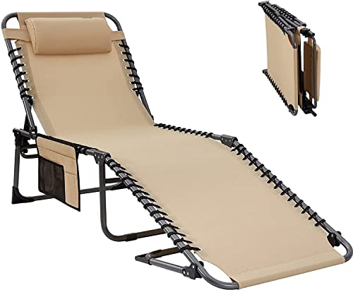 KingCamp 5-Position Folding Chaise Lounge Chair for Outside, Sunbathing, Tanning, Patio, Pool, Lawn, Deck, Portable Heavy-Duty Camping Reclining Chair with Pillow Pocket, Textilene, Supports 264lbs