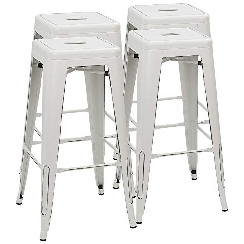 Furmax 30 Inches Metal Bar Stools Bar Height High Backless Stools Indoor Outdoor Stackable Kitchen Stools Set of 4 (Distressed White)