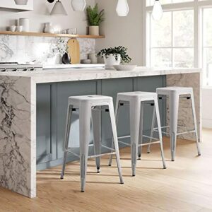 Furmax 30 Inches Metal Bar Stools Bar Height High Backless Stools Indoor Outdoor Stackable Kitchen Stools Set of 4 (Distressed White)