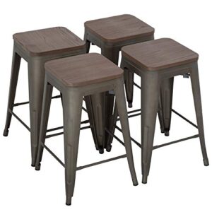 fdw 24 inches metal bar stools set of 4 counter height wood seat barstool patio stool stackable backless stool indoor outdoor metal kitchen stools bar chairs (bronze)