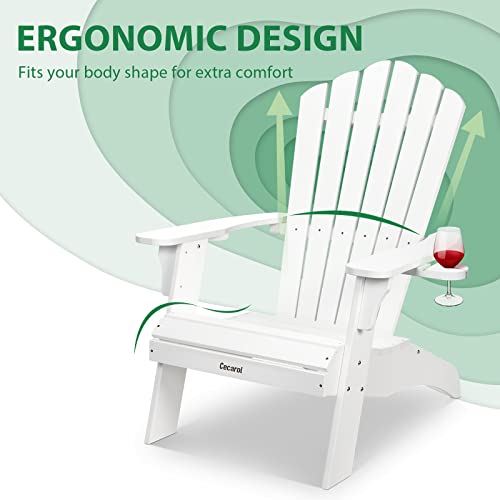 Cecarol Oversized Adirondack Chair, Poly Lumber Patio Fire Pit Chair with 2 Cup Holders, 385lb Weight Capacity, All Weather Resistant and Durable Outdoor Chairs for Poolside, Lawn, Garden, White-AC01