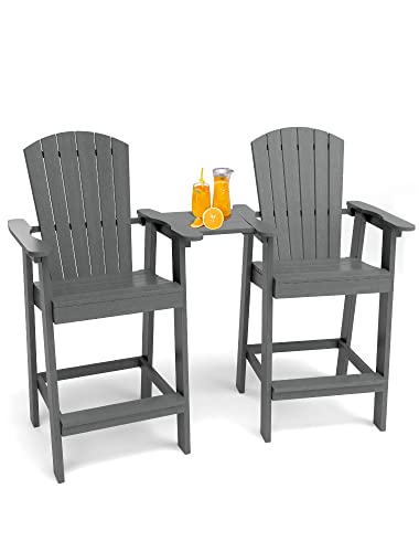 MARVOWARE Tall Adirondack Chairs Set of 2, Balcony Chair with Connecting Tray, 27.6 Inch Seat Height Outdoor Barstools, HDPE Plastic Patio Stools with Umberlla Hole Outdoor Patio Lawn