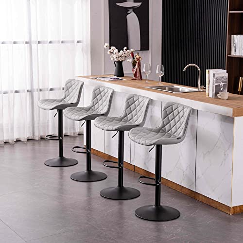 Kidol & Shellder Grey Bar Stools Set of 2 Adjustable Swivel Barstools High Back Counter Stools PU Leather Soft Cushion Bar Chairs,3 Mins Quick Assembly,Loads Up to 300lbs