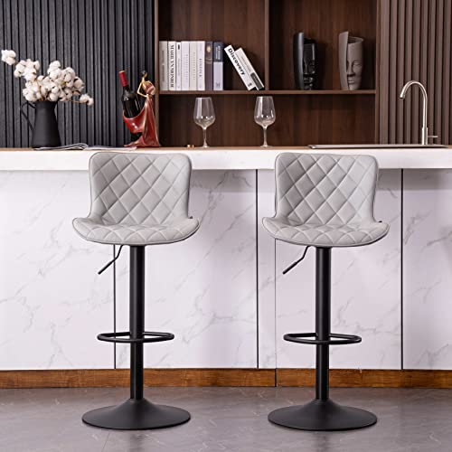 Kidol & Shellder Grey Bar Stools Set of 2 Adjustable Swivel Barstools High Back Counter Stools PU Leather Soft Cushion Bar Chairs,3 Mins Quick Assembly,Loads Up to 300lbs