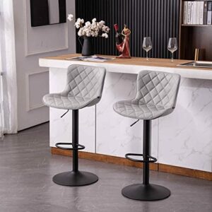 Kidol & Shellder Grey Bar Stools Set of 2 Adjustable Swivel Barstools High Back Counter Stools PU Leather Soft Cushion Bar Chairs,3 Mins Quick Assembly,Loads Up to 300lbs