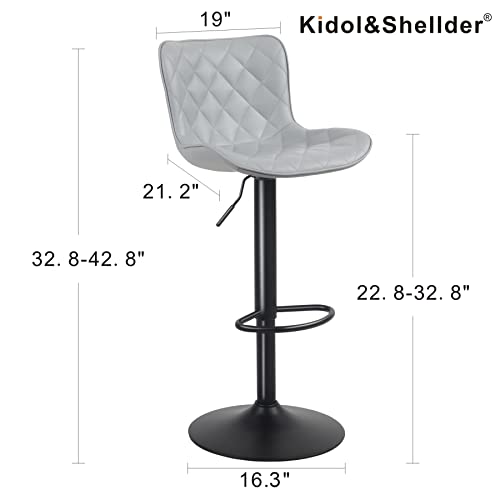 Kidol & Shellder Grey Bar Stools Set of 2 Adjustable Swivel Barstools High Back Counter Stools PU Leather Soft Cushion Bar Chairs,3 Mins Quick Assembly,Loads Up to 300lbs