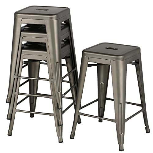 Yaheetech 24'' Metal Bar Stools Counter Height Barstools Set of 4 High Backless Industrial Stackable Metal Chairs for Indoor and Outdoor, Gun Metal