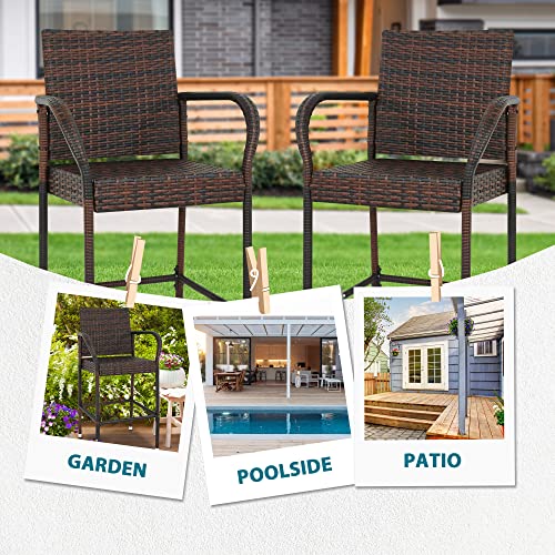 SUPER DEAL Upgraded Wicker Bar Stool Chairs Outdoor Backyard Rattan Chair w/Iron Frame, Armrest and Footrest (2)