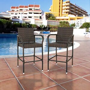 SUPER DEAL Upgraded Wicker Bar Stool Chairs Outdoor Backyard Rattan Chair w/Iron Frame, Armrest and Footrest (2)