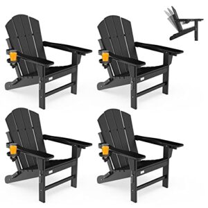 mdeam folding adirondack chairs set of 4 adjustable backrest with cup holder, fire pit chairs,hdpe all weather for patio lawn outdoor, black