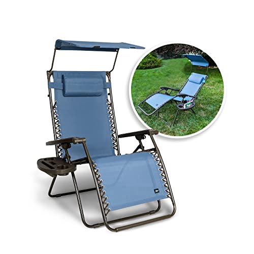 Bliss Hammocks GFC-436WDB 30" Wide XL Zero Gravity Chair w/ Canopy, Pillow, & Drink Tray Folding Outdoor Lawn, Deck, Patio Adjustable Lounge Chair, 360 lbs. Capacity, Denim Blue