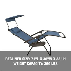 Bliss Hammocks GFC-436WDB 30" Wide XL Zero Gravity Chair w/ Canopy, Pillow, & Drink Tray Folding Outdoor Lawn, Deck, Patio Adjustable Lounge Chair, 360 lbs. Capacity, Denim Blue