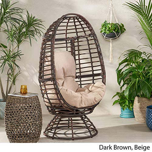 Christopher Knight Home Frances Outdoor Wicker Swivel Egg Chair with Cushion, Dark Brown, Beige