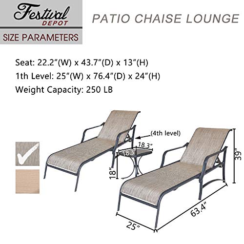 Festival Depot 3 Pc Patio Bistro Outdoor Chaise Lounge Furniture for Porch Yard Garden, Taupe Brown Grey