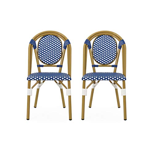 Christopher Knight Home Gwendolyn Outdoor French Bistro Chairs (Set of 2), Blue + White + Bamboo Print Finish