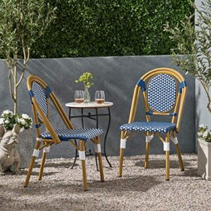 Christopher Knight Home Gwendolyn Outdoor French Bistro Chairs (Set of 2), Blue + White + Bamboo Print Finish