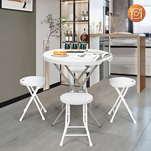 VINGLI Plastic Folding Stools Chair for Sitting, Heavy Duty Metal Frame HDPE Top Lightweight Portable Round Seats for Indoor Outdoor Camping Use, White, Set of 4