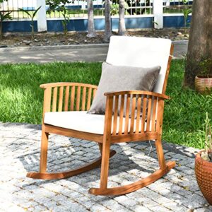 Tangkula Outdoor Acacia Wood Rocking Chair, Wooden Rocker w/Detachable Washable Cushions, Rocker for Porch Garden Patio Balcony Pool Indoor (1, Teak)