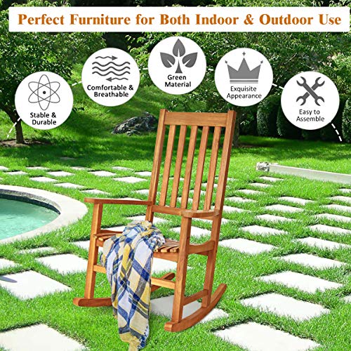 Tangkula Acacia Wood Porch Rocking Chair, Wooden Rocking Chair Rocker with High Back & Armrest for Indoor Outdoor Use, Patio Rocker for Garden Lawn Balcony Backyard Poolside (1, Teak)