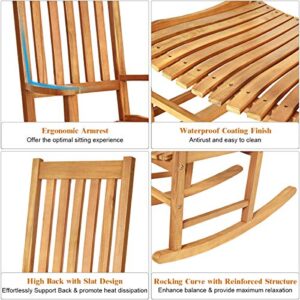 Tangkula Acacia Wood Porch Rocking Chair, Wooden Rocking Chair Rocker with High Back & Armrest for Indoor Outdoor Use, Patio Rocker for Garden Lawn Balcony Backyard Poolside (1, Teak)