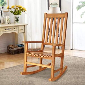 Tangkula Acacia Wood Porch Rocking Chair, Wooden Rocking Chair Rocker with High Back & Armrest for Indoor Outdoor Use, Patio Rocker for Garden Lawn Balcony Backyard Poolside (1, Teak)