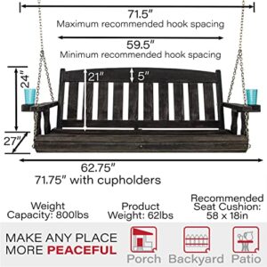 Amish Casual Heavy Duty 800 Lb Mission Treated Porch Swing with Hanging Chains and Cupholders (5 Foot, Semi-Solid Black Stain)