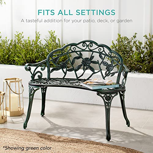 Best Choice Products Outdoor Bench Steel Garden Patio Porch Loveseat Furniture for Lawn, Park, Deck Seating w/Floral Rose Accent, Antique Finish - White