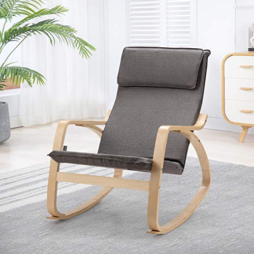 Safstar Hardwood Rocking Chair, Comfortable Relax Accent Fabric Rocker Chair with Metal and Wood Flame, Nursery Rocking Armchairs (Gray)