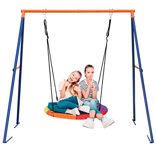 SUPER DEAL Saucer Swing Set, 40" Kids Multi-Color Rainbow Saucer Tree Swing + 72" All Weather Frame Swing Set Combo for Indoor, Outdoor, Backyard