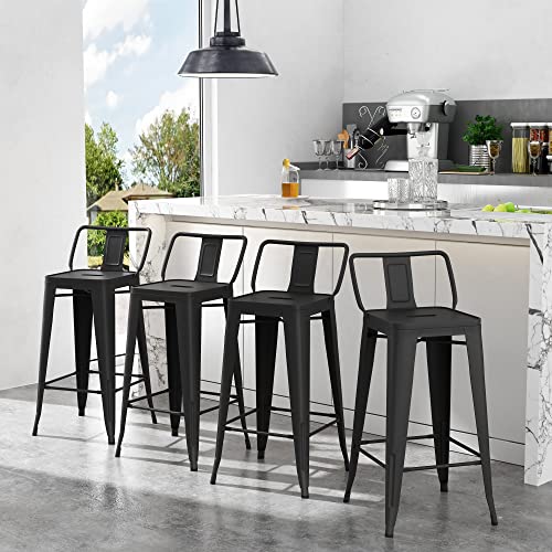 Apeaka 26 inch Metal Bar Stools Set of 4 Modern Counter Height Stools with Backs Low Back Bar Chairs for Indoor Outdoor Matte Black