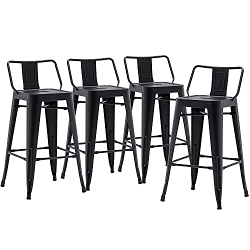 Apeaka 26 inch Metal Bar Stools Set of 4 Modern Counter Height Stools with Backs Low Back Bar Chairs for Indoor Outdoor Matte Black