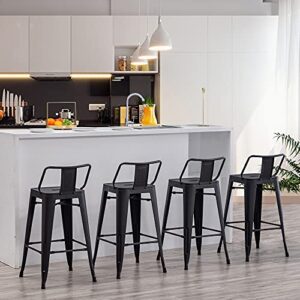 Apeaka 26 inch Metal Bar Stools Set of 4 Modern Counter Height Stools with Backs Low Back Bar Chairs for Indoor Outdoor Matte Black