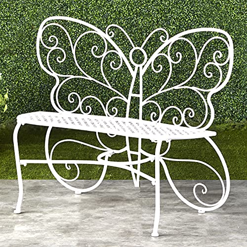 The Lakeside Collection Decorative White Metal Butterfly Motif Bench - Home Garden Accent