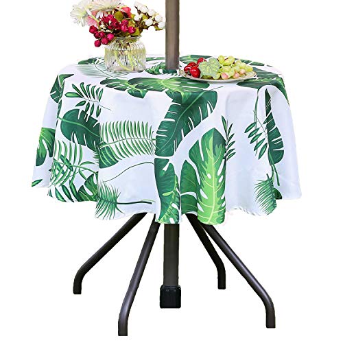 Poise3EHome 60 inches Outdoor/Indoor Waterproof Tropical Round Tablecloth with Umbrella Hole Zipper Green for Camping Picnic Party Patio Table Spring, Palm Leaf