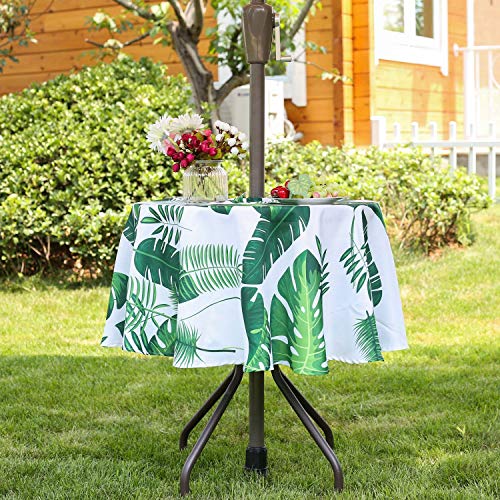 Poise3EHome 60 inches Outdoor/Indoor Waterproof Tropical Round Tablecloth with Umbrella Hole Zipper Green for Camping Picnic Party Patio Table Spring, Palm Leaf