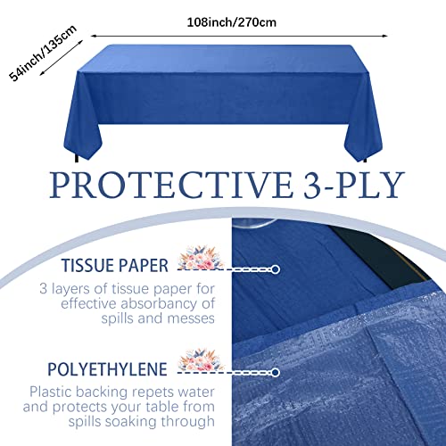 Jeyiour 15 Pcs Royal Blue Disposable Tablecloth Bulk 3 Ply Paper Plastic Rectangular Table Cover for Party Dining BBQ Picnic Buffet Camping Birthday Wedding Holiday, 54 x 108 Inches