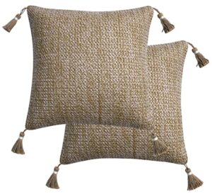 honeycomb indoor/outdoor raffia natural square toss pillow with tassels, woven faux jute fabric, recycled polyester fill, weather resistant, 2 pack of decorative toss pillows: 17” x 17”