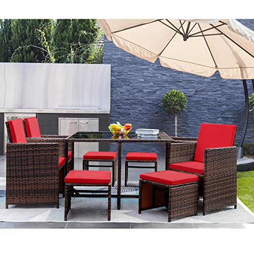 GUNJI 9 Pieces Patio Dining Sets Outdoor Table and Chairs Patio Dining Table Set with Space Saving Rattan Chairs Patio Furniture Sets Cushioned Seating and Back (Red)