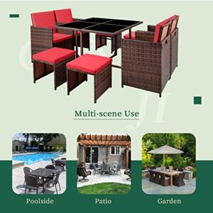 GUNJI 9 Pieces Patio Dining Sets Outdoor Table and Chairs Patio Dining Table Set with Space Saving Rattan Chairs Patio Furniture Sets Cushioned Seating and Back (Red)