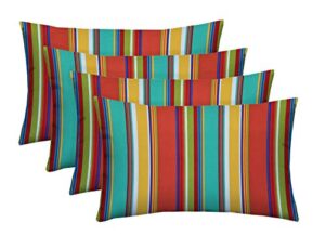 rsh decor indoor outdoor set of 4 (20″x12″) rectangle decorative patio lumbar toss throw pillow water resistant (bright colorful coral, turquoise, green, blue, yellow stripe)