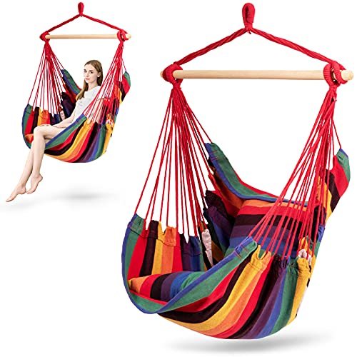 Tangkula Hanging Hammock Chair, Hanging Swing Chair with 2 Pillows, Wood Support Bar, Handmade Cotton Rope Hanging Seat for Indoor Outdoor, Ideal for Bedroom, Patio, Yard, Garden