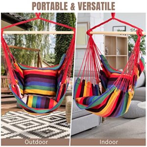 Tangkula Hanging Hammock Chair, Hanging Swing Chair with 2 Pillows, Wood Support Bar, Handmade Cotton Rope Hanging Seat for Indoor Outdoor, Ideal for Bedroom, Patio, Yard, Garden