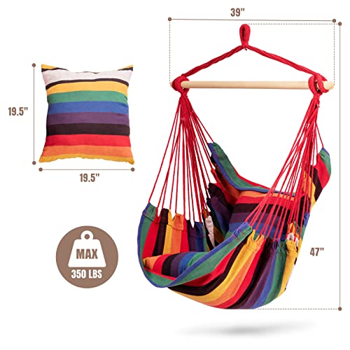 Tangkula Hanging Hammock Chair, Hanging Swing Chair with 2 Pillows, Wood Support Bar, Handmade Cotton Rope Hanging Seat for Indoor Outdoor, Ideal for Bedroom, Patio, Yard, Garden