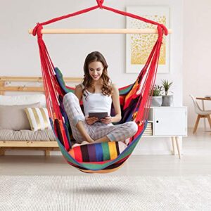 Tangkula Hanging Hammock Chair, Hanging Swing Chair with 2 Pillows, Wood Support Bar, Handmade Cotton Rope Hanging Seat for Indoor Outdoor, Ideal for Bedroom, Patio, Yard, Garden