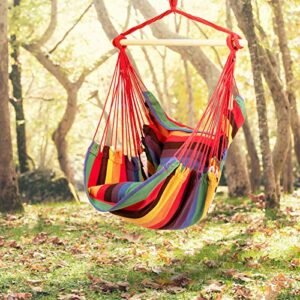 Tangkula Hanging Hammock Chair, Hanging Swing Chair with 2 Pillows, Wood Support Bar, Handmade Cotton Rope Hanging Seat for Indoor Outdoor, Ideal for Bedroom, Patio, Yard, Garden