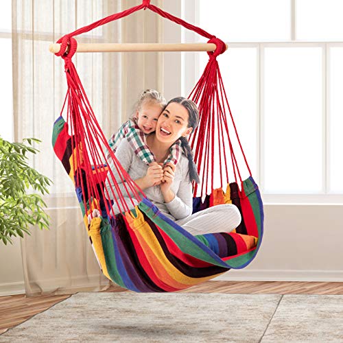 Tangkula Hanging Hammock Chair, Hanging Swing Chair with 2 Pillows, Wood Support Bar, Handmade Cotton Rope Hanging Seat for Indoor Outdoor, Ideal for Bedroom, Patio, Yard, Garden